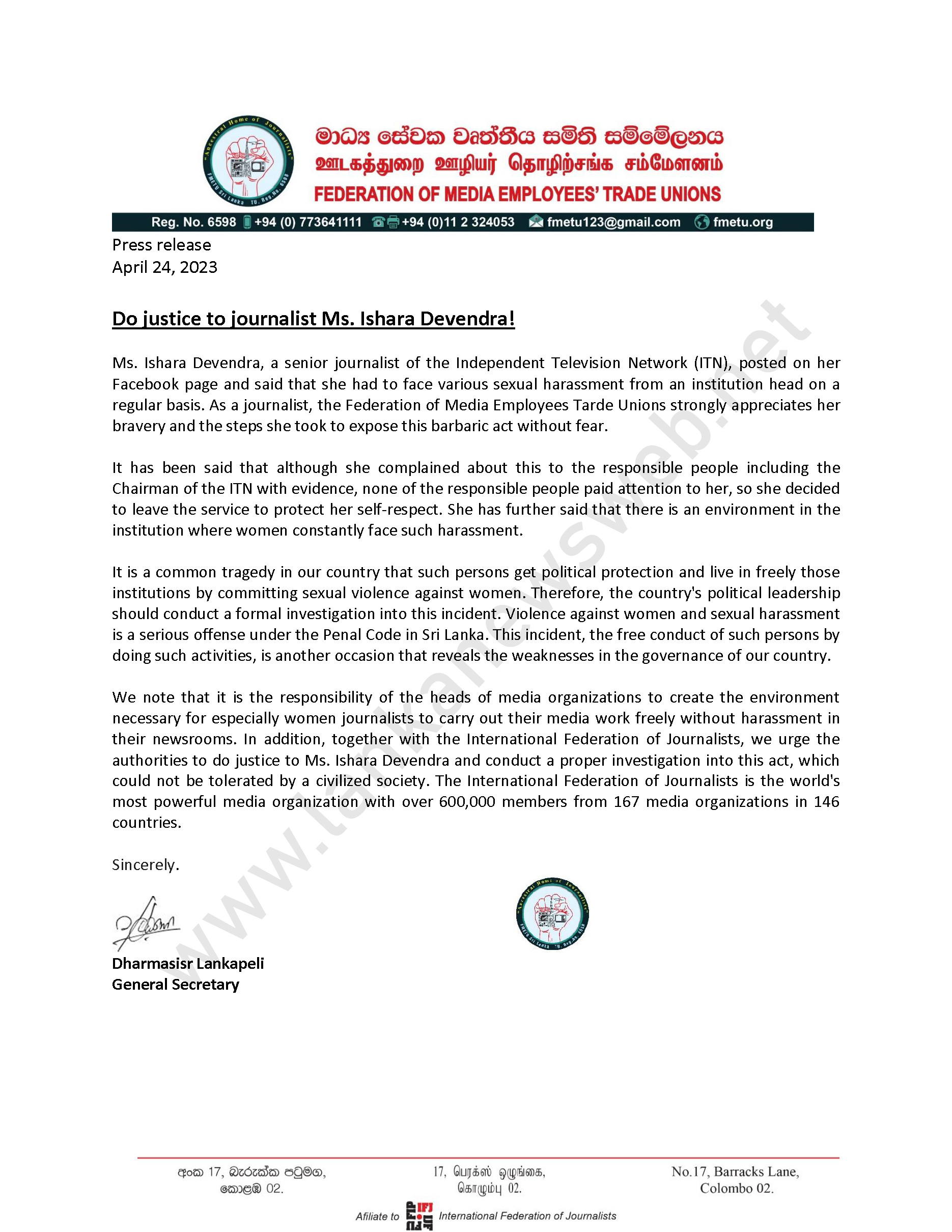 FMETU demands justice for journalist Ishara Devendra - LNW Lanka News Web