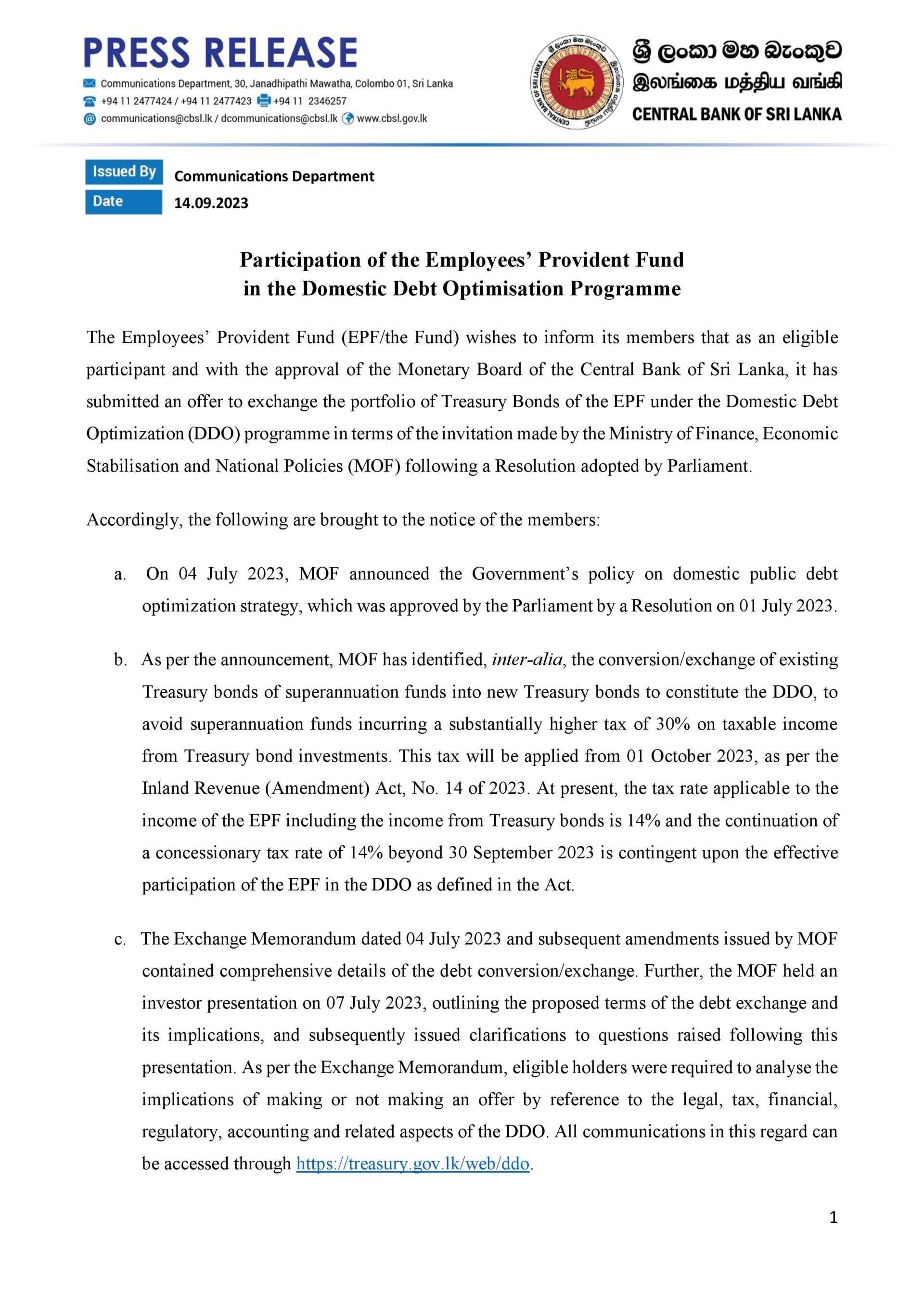 EPF submits offer under govt's DDO programme - LNW Lanka News Web