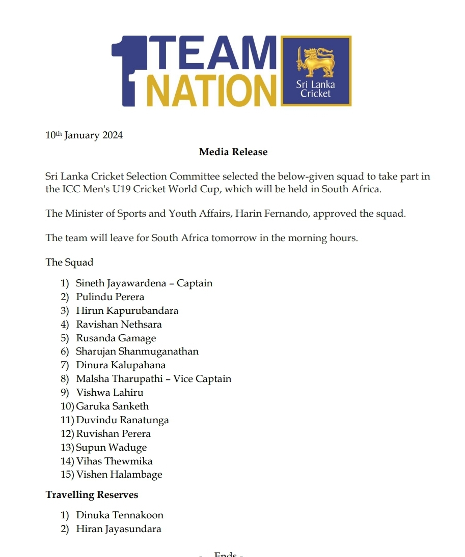 Cricket Selection Committee announces squad for ICC Men’s U19 World Cup ...